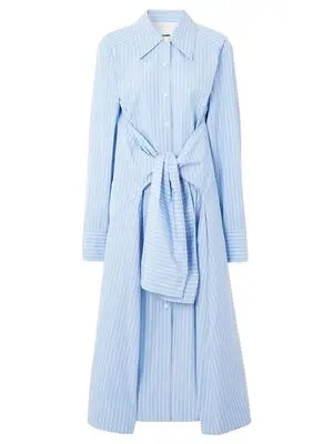 JIL SANDER Bow-detailed Striped Cotton-poplin Midi Shirt Dress - Blue