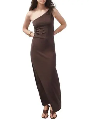 Mango Ruched One-shoulder Maxi Dress - Brown