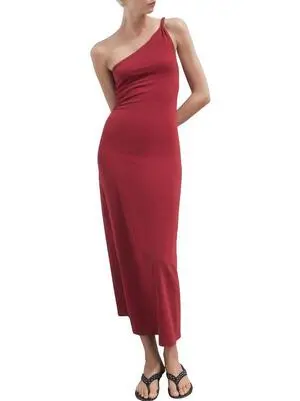 Mango Ruched One-Shoulder Maxi Dress Burgundy