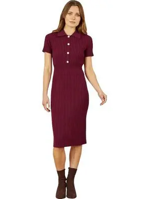 YUMI Fitted Rib Knitted Midi Dress - Burgundy