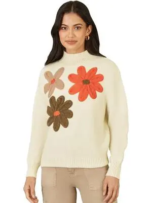 YUMI Floral Applique High Neck Knit Sweater - Ivory