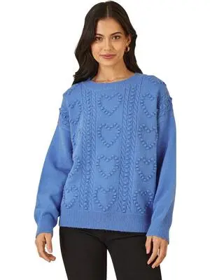 YUMI Heart Detail Relaxed Knit Sweater - Blue