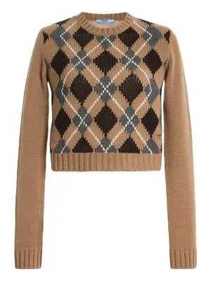 Prada Cropped Argyle Cashmere Sweater - Brown