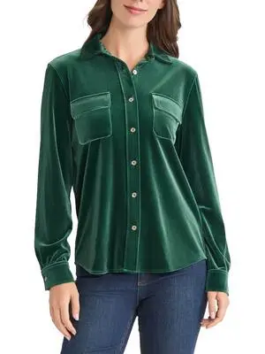 Jones New York Velour Button-up Shirt - Dark Forest Green