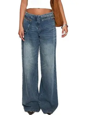 Princess Polly Platrow Wide Leg Cargo Jeans - Mid Blue Wash