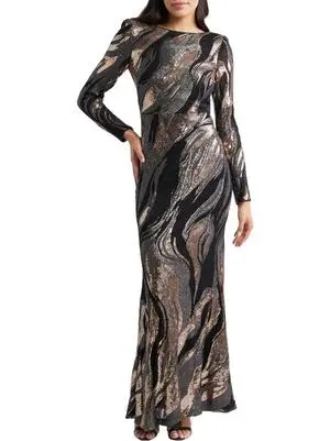 Vince Camuto Sequin Low Back Long Sleeve Gown - Black Multi