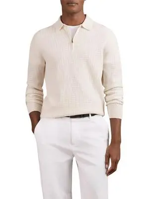 REISS Hamilton Textured Quarter Zip Polo - Off White