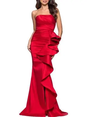 Betsy & Adam Strapless Cascade Ruffle Gown Red