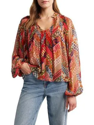 Love The Label Meredith Smocked Blouse - Patchwork Herringbone Print
