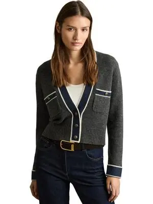 REISS Eloise Wool-cashmere Tipped V-neck Cardigan - Charcoal