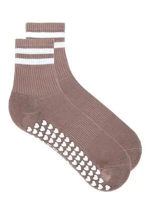 WELLBEING + BEINGWELL Striped Half Crew Grip Sock - Driftwood & White