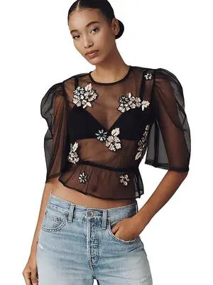 Anthropologie Embellished Sheer Mesh Top - Black