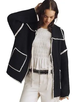 FLAT WHITE Collared Whipstitch Cardigan Sweater Black