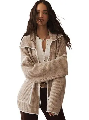 FLAT WHITE Collared Whipstitch Cardigan Sweater Taupe
