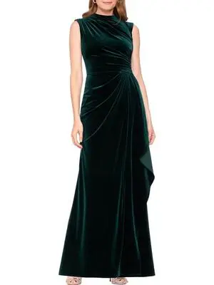 Betsy & Adam Ruched Velvet Column Gown Hunter