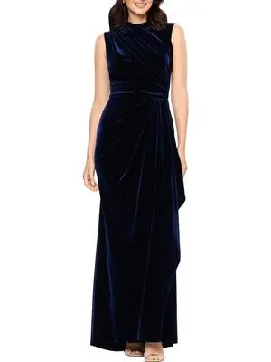 Betsy & Adam Ruched Velvet Column Gown - Navy