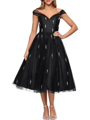 Betsy & Adam Embellished Tulle Cocktail Dress - Black