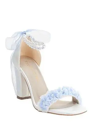 FOREVER & ALWAYS SHOES Lace Bridal Sandals With Pearls - Baby Blue Faux Leather