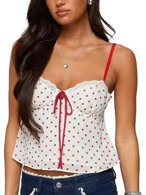 EDIKTED Polka Dot Cupped Chiffon Top - Cream-and-red