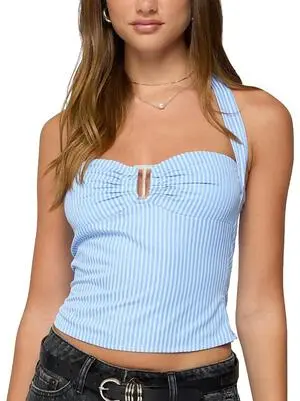 EDIKTED Striped Buckle Halter Top - Blue