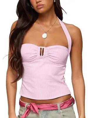 EDIKTED Striped Buckle Halter Top - Pink