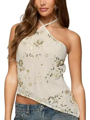EDIKTED Beaded Sequin Asymmetric Halter Top - Beige