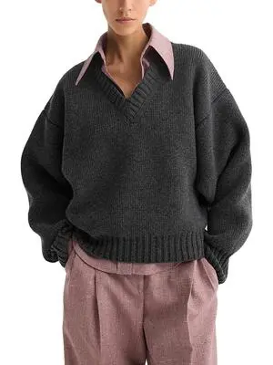 RÓHE Wool Sculptural V Neck Sweater - Mid Grey