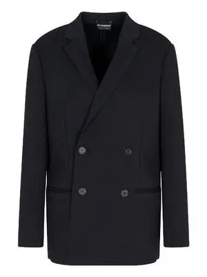 Emporio Armani Double-breasted Blazer In A Plain-knit Wool Blend - Navy