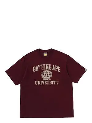A BATHING APE Spray Print College Logo Relaxed Fit Tee Shirt Burgundy