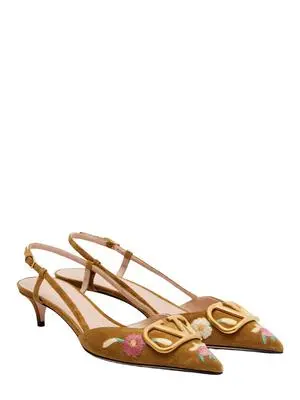 Valentino Garavani Vlogo Embroidered Suede Slingback Pumps - Beige