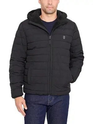 IZOD Hooded Stretch Puffer Jacket With Fleece Lining - Black