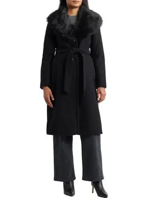 Sam Edelman Belted Coat With Faux Fur Collar Black