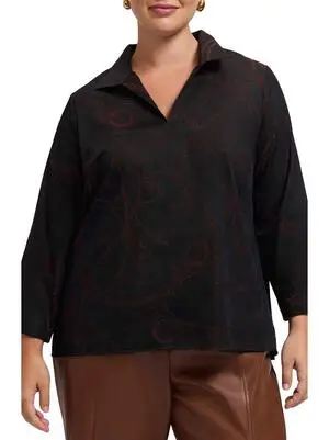 Foxcroft Agnes Printed Popover Top Coffee Brown/black
