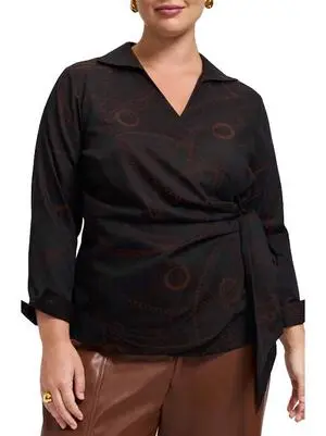 Foxcroft Salina Print Wrap Shirt Coffee Brown/black