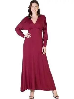 24SEVEN COMFORT APPAREL V-neck Long Sleeve Maxi Dress - Wine