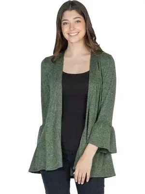 24SEVEN COMFORT APPAREL Knit Bell Sleeve Open Cardigan - Olive