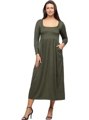24SEVEN COMFORT APPAREL Long Sleeve Empire Waist Maxi Dress - Olive