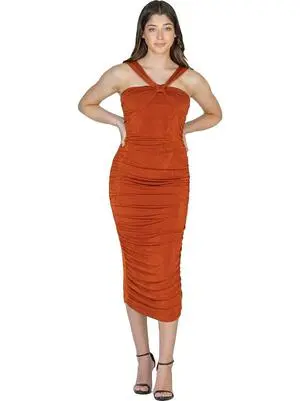 24SEVEN COMFORT APPAREL Halter Cross Neck Ruched Bodycon Midi Dress - Rust