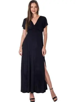 24SEVEN COMFORT APPAREL Flutter Sleeve Metallic Knit Maxi Dress - Black