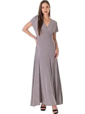 24SEVEN COMFORT APPAREL Flutter Sleeve Metallic Knit Maxi Dress - Grey