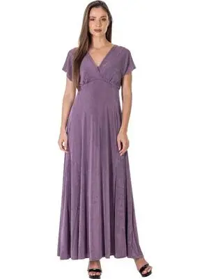 24SEVEN COMFORT APPAREL Flutter Sleeve Metallic Knit Maxi Dress - Mauve