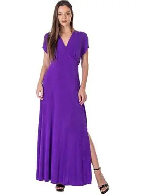24SEVEN COMFORT APPAREL Flutter Sleeve Metallic Knit Maxi Dress - Purple