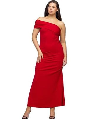 24SEVEN COMFORT APPAREL One Shoulder Rouched Mermaid Maxi Dress - Ruby