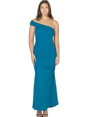 24SEVEN COMFORT APPAREL One Shoulder Rouched Mermaid Maxi Dress - Teal