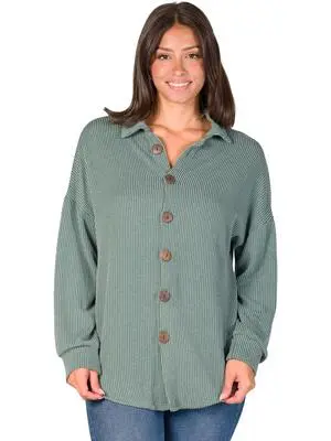 24SEVEN COMFORT APPAREL Ribbed Button-up Shirt Jacket - Green
