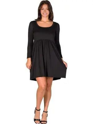 24SEVEN COMFORT APPAREL Long Sleeve Babydoll Knee Length Dress - Black