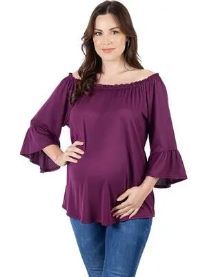 24SEVEN COMFORT APPAREL Bell Sleeve Maternity Tunic Top - Plum