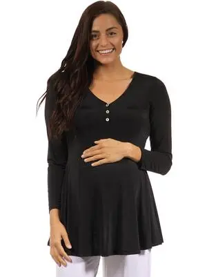 24SEVEN COMFORT APPAREL Flared Long Sleeve Henley Maternity Top - Black