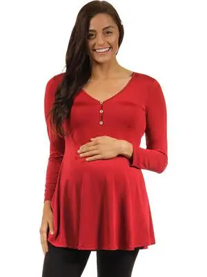 24SEVEN COMFORT APPAREL Flared Long Sleeve Henley Maternity Top - Wine
