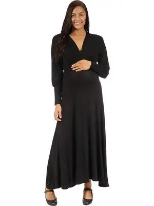 24SEVEN COMFORT APPAREL V-neck Long Sleeve Maternity Maxi Dress - Black
